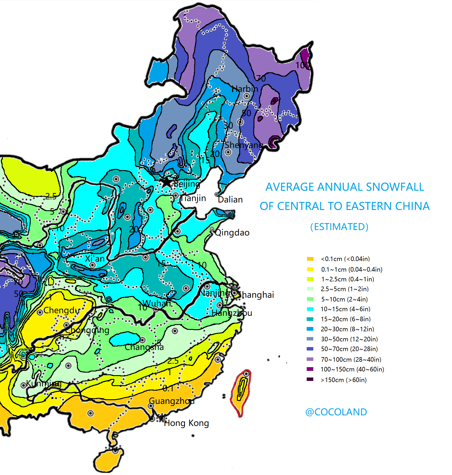 My hand-drawing annual average snowfall map of central to eastern China ...